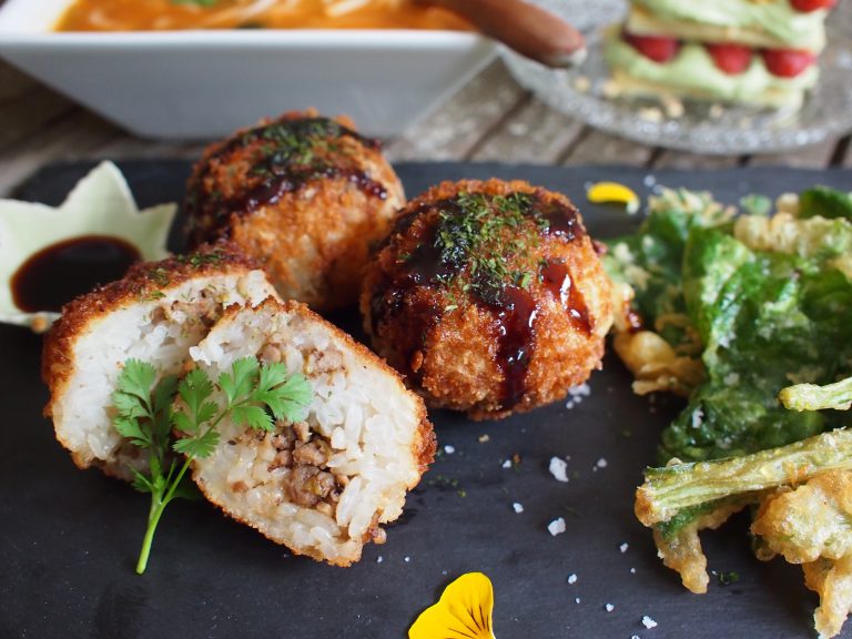 Crispy Beef Rice Ball, Vegetable Tempura, Lazy Matcha Cake – Naoko's ...