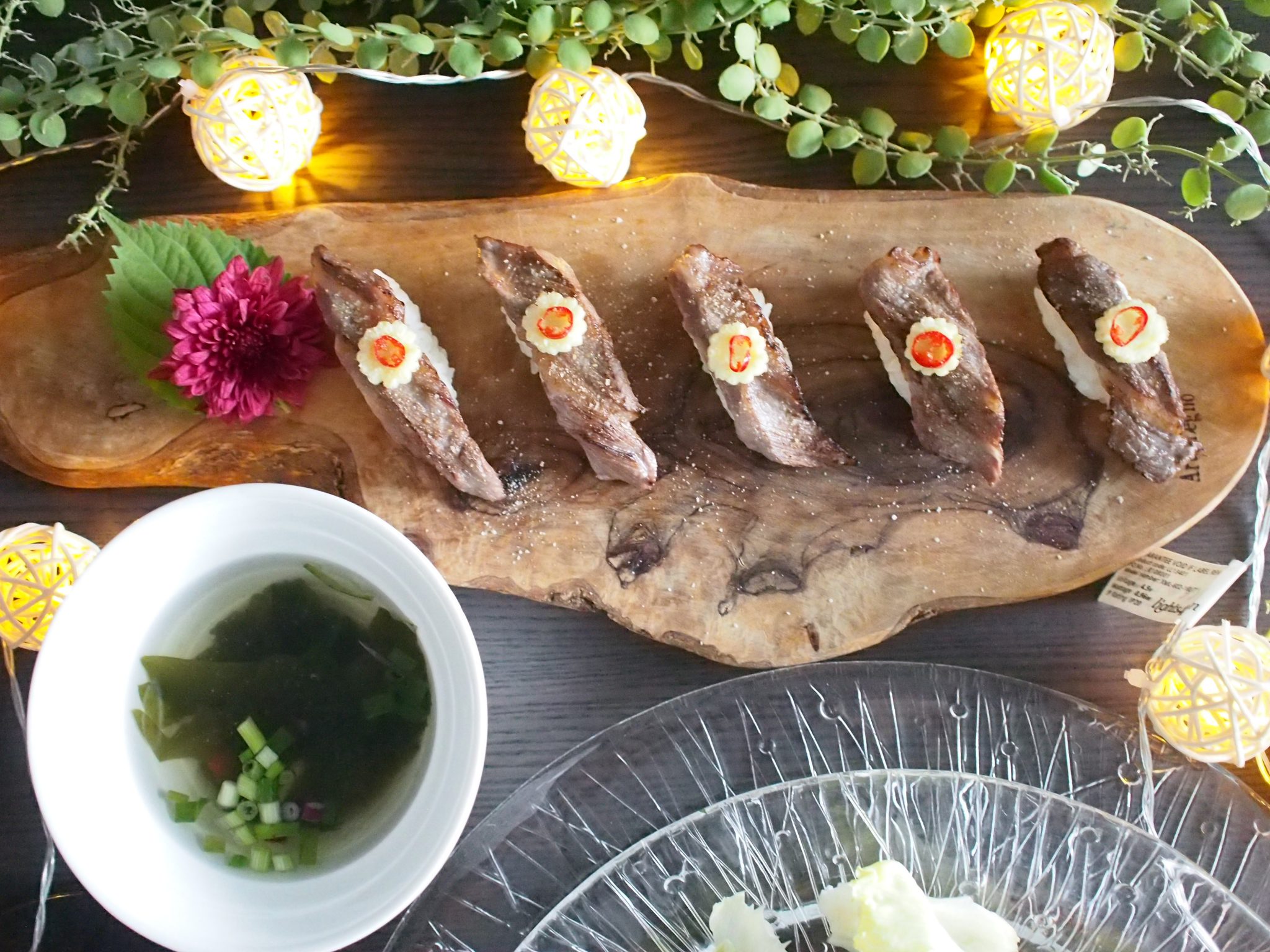 Wagyu Tataki Nigiri with Yuzu Salt, Boiled Chicken Salad with Onion ...