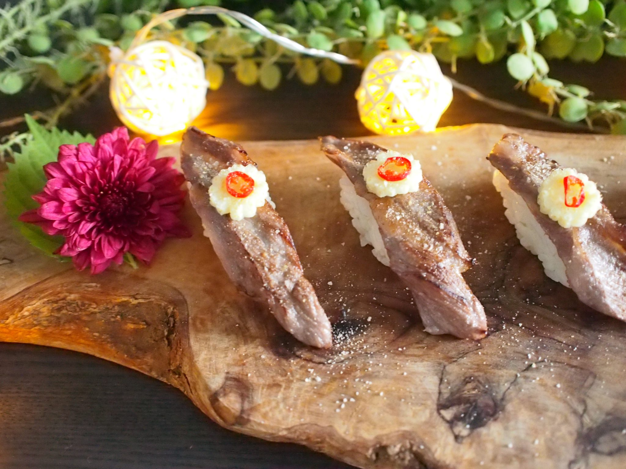 Wagyu Tataki Nigiri with Yuzu Salt, Boiled Chicken Salad with Onion ...